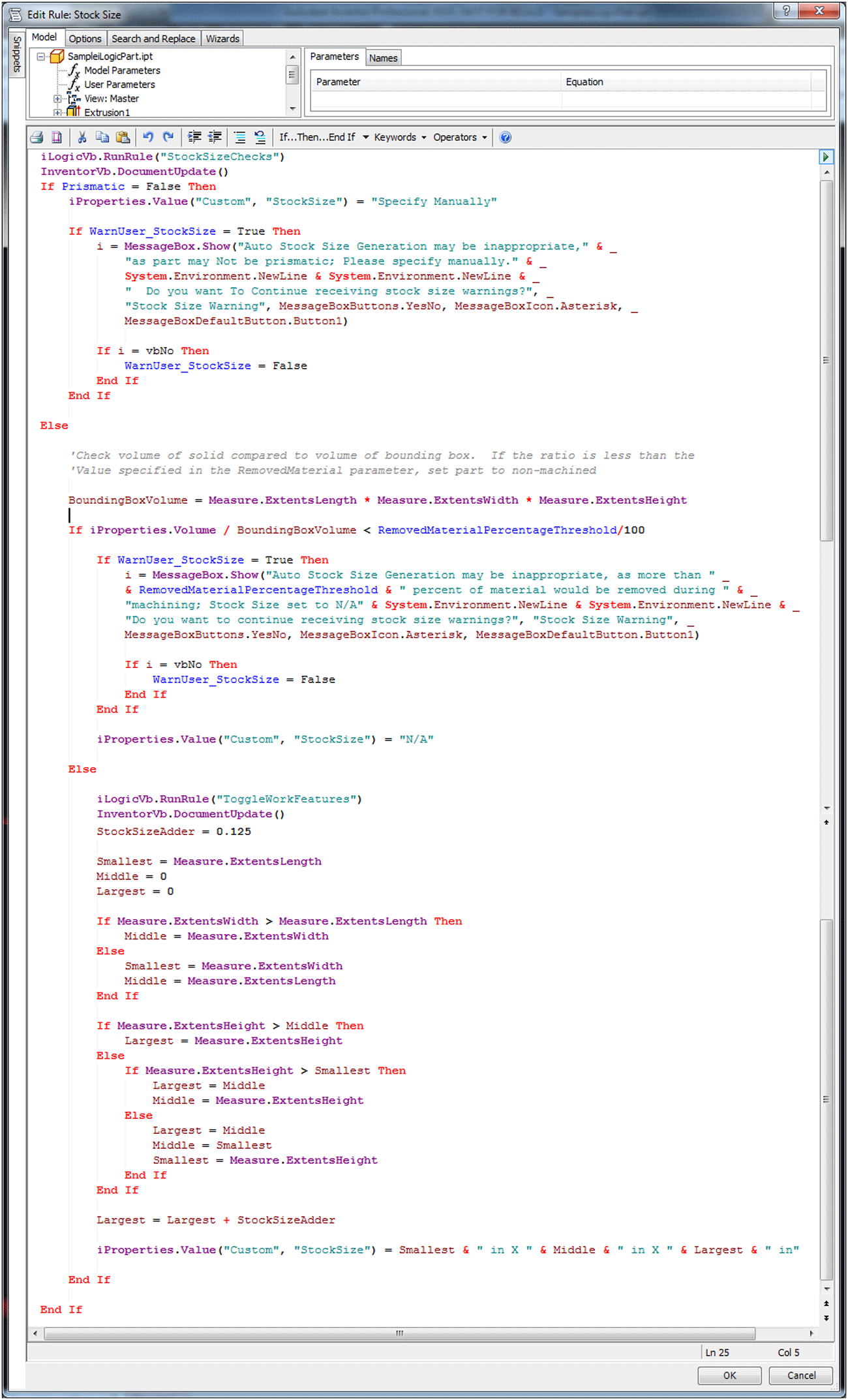 Manage Stock Size Data and Other Downstream Information with iLogic