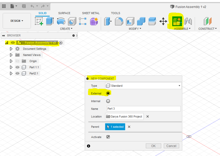 How to Create Internal and External Component Assemblies in Fusion 360